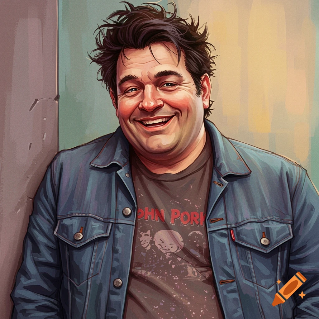 Stylized portrait of a smiling man in a denim jacket and t-shirt ...
