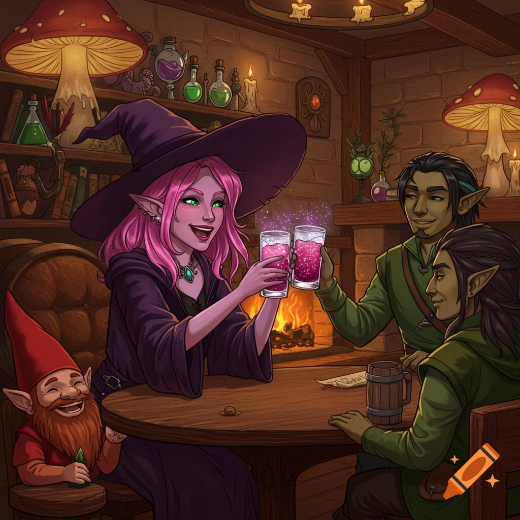 A pink-haired witch and her friends toast with drinks in a cozy fantasy tavern. on Craiyon