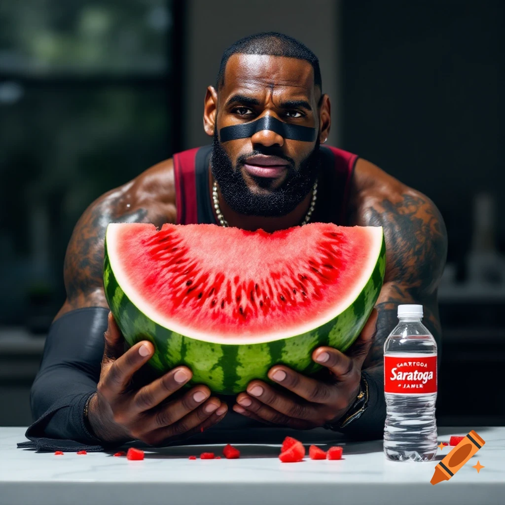 LeBron James holds a large watermelon slice while sitting at a table ...