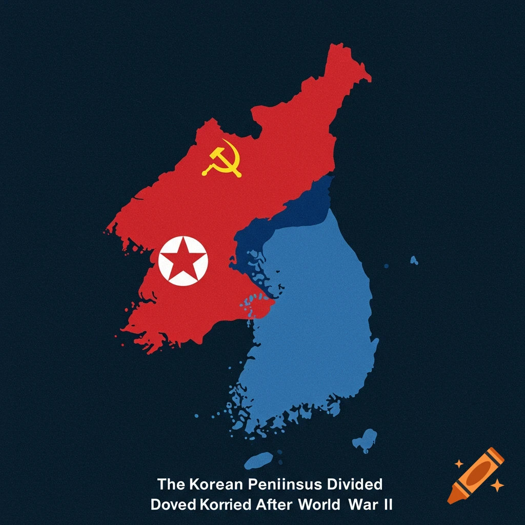 Map of the divided Korean peninsula with red North Korea and blue South Korea. on Craiyon