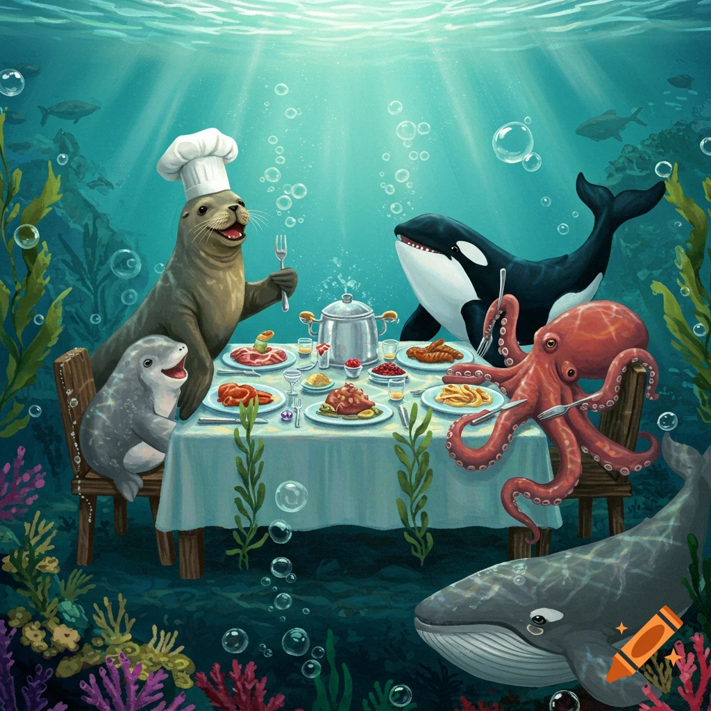 Sea lion dinner party with octopus, orca, and whale on Craiyon