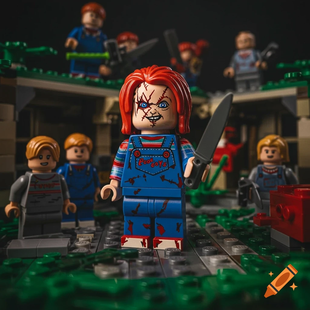A Lego figure of Chucky with a knife stands in a Lego scene with other ...