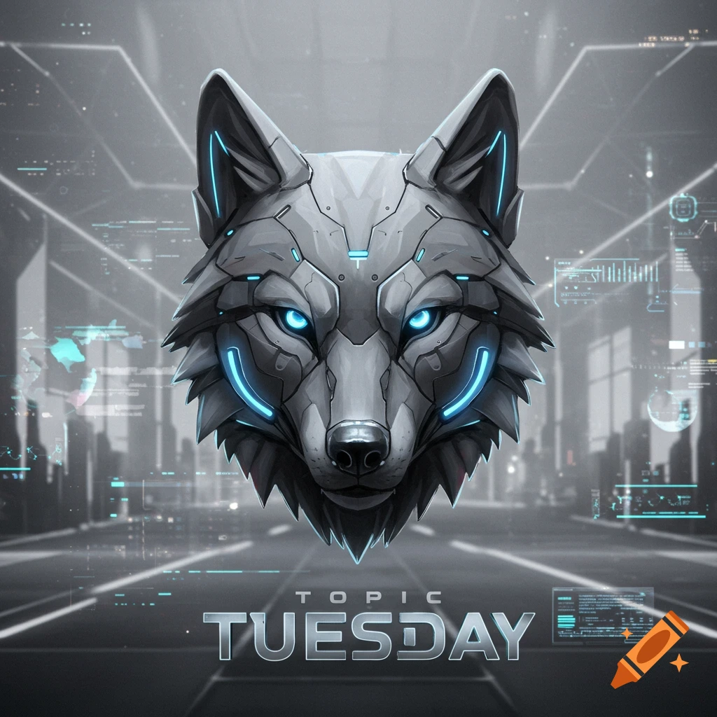 Topic Tuesday logo featuring a futuristic gray wolf with glowing blue ...