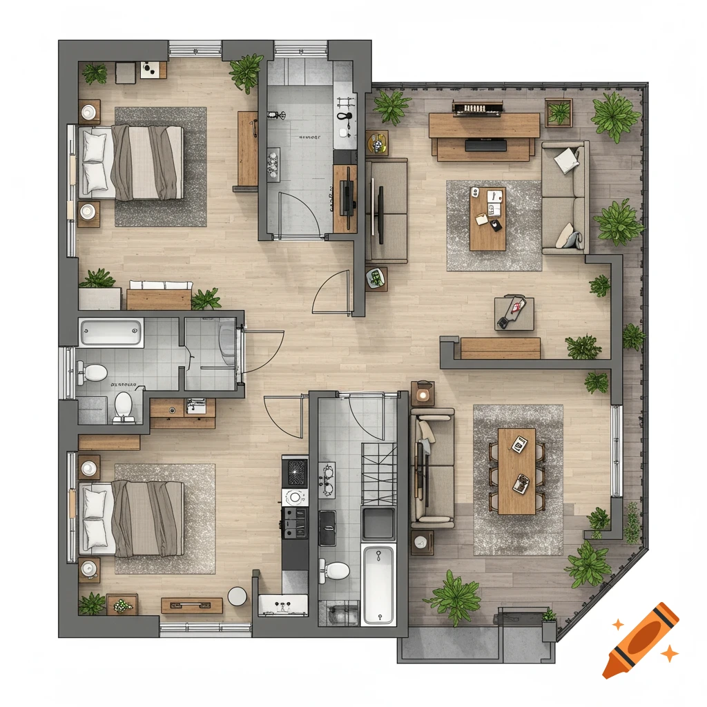 Apartment floor plan with three bedrooms, two bathrooms, and balcony on ...