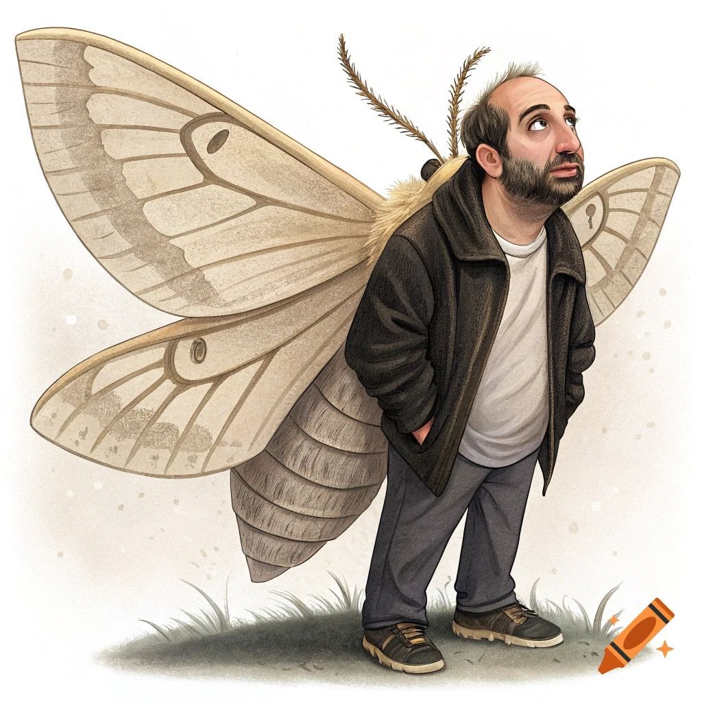 Cartoon illustration of a black cat wearing a ladybug costume facing off against a large moth in ...