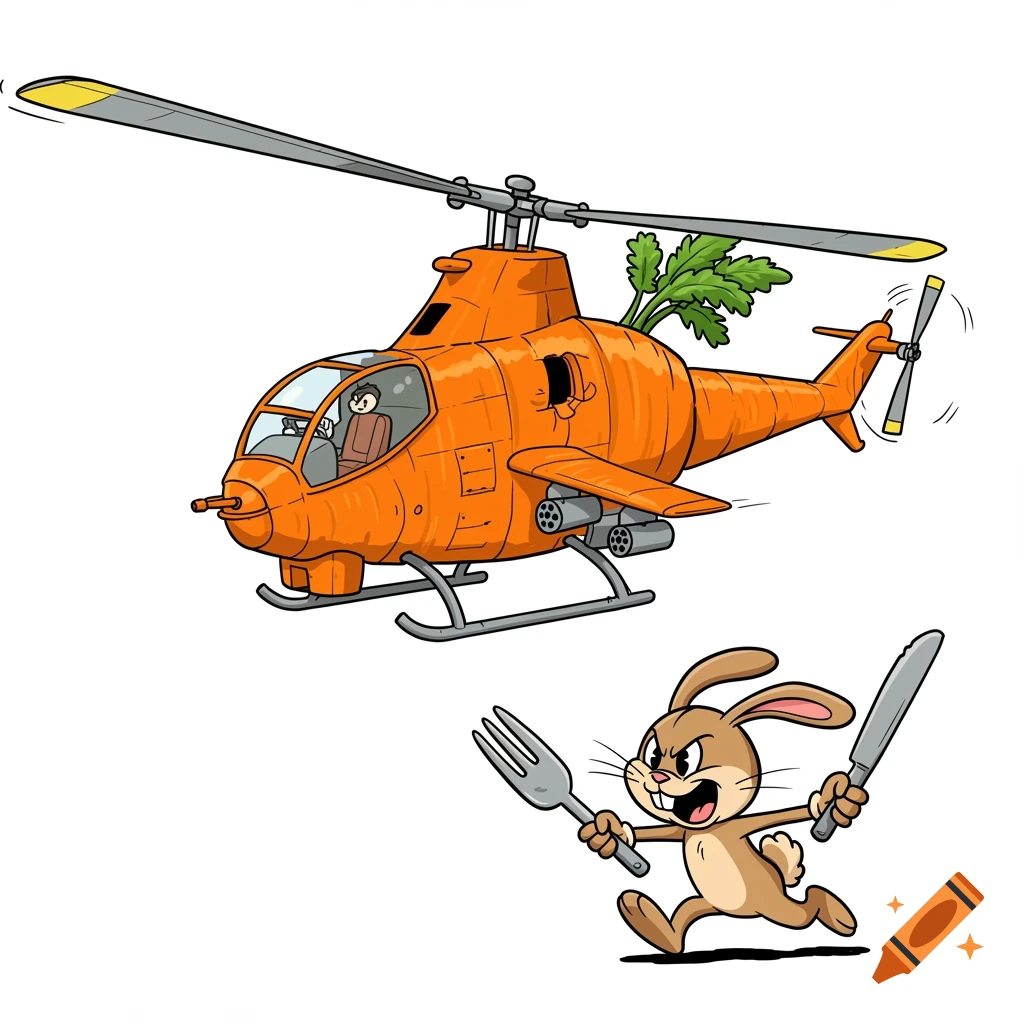 Cartoon rabbit with RPG chases carrot helicopter piloted by soldiers ...