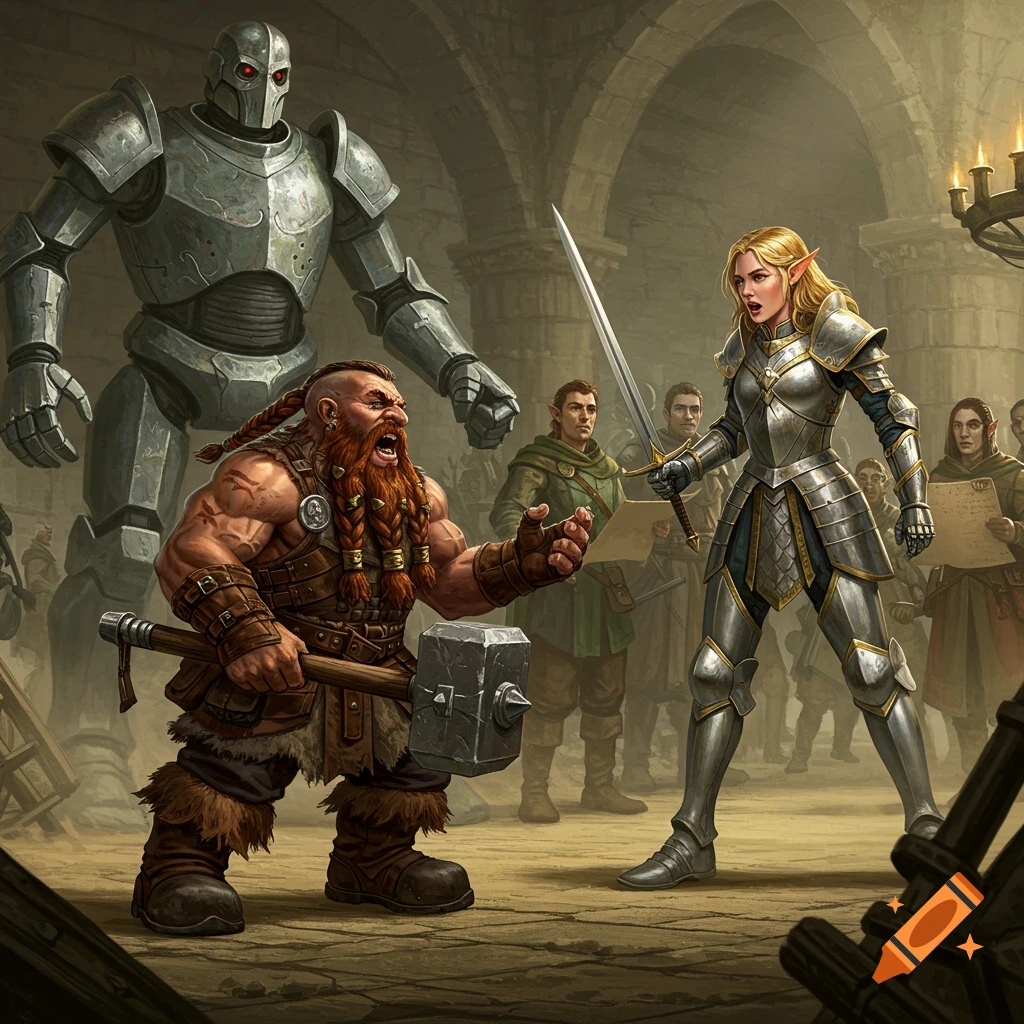 Dwarf barbarian argues with an elf knight and a large iron golem in a ...