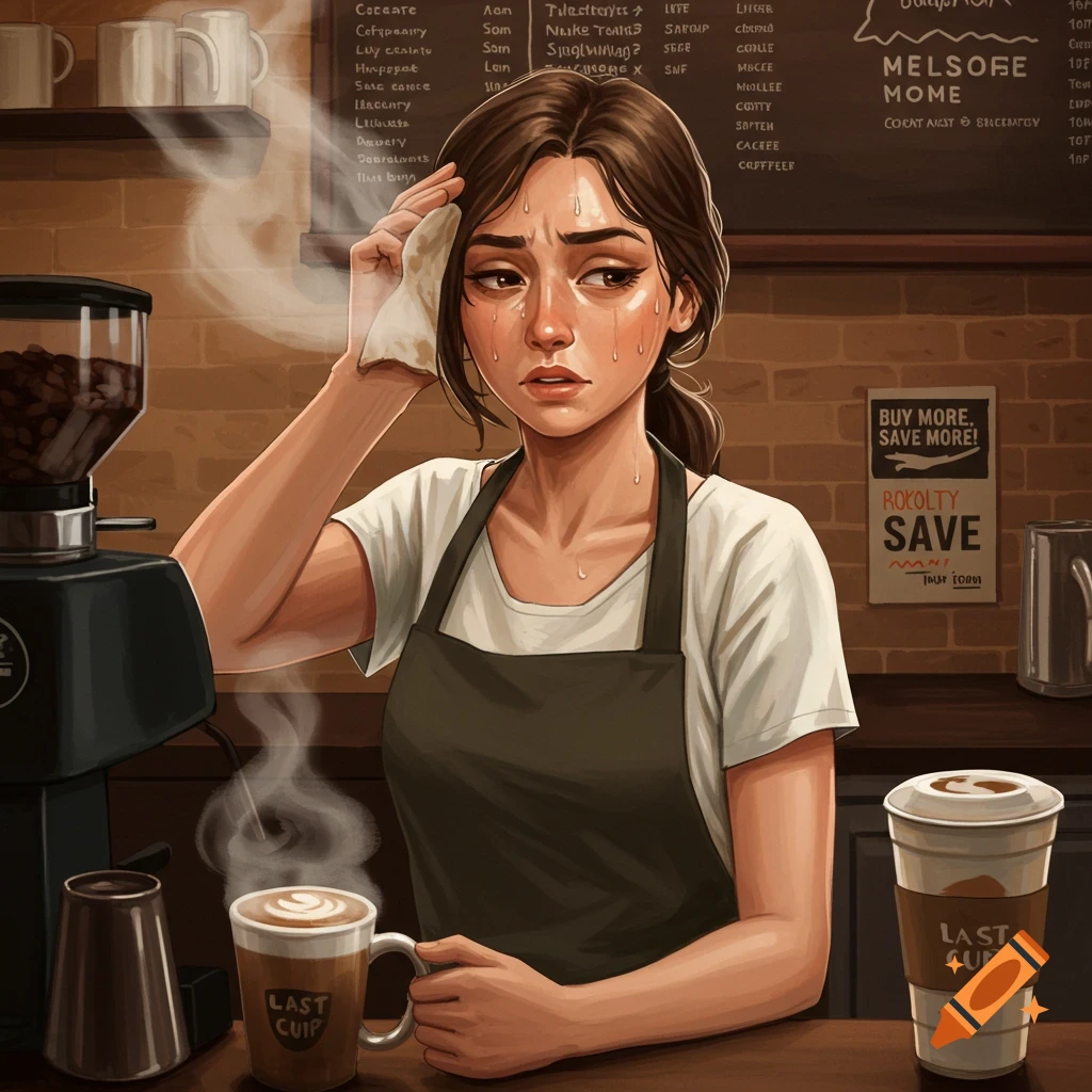 Coffee shop scene with espresso machine and corporate posters screaming ...