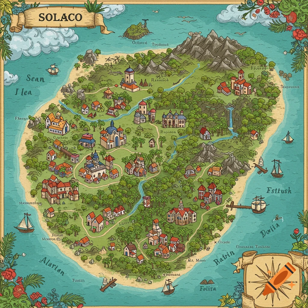 Imaginary tropical island map between Africa and Europe on Craiyon