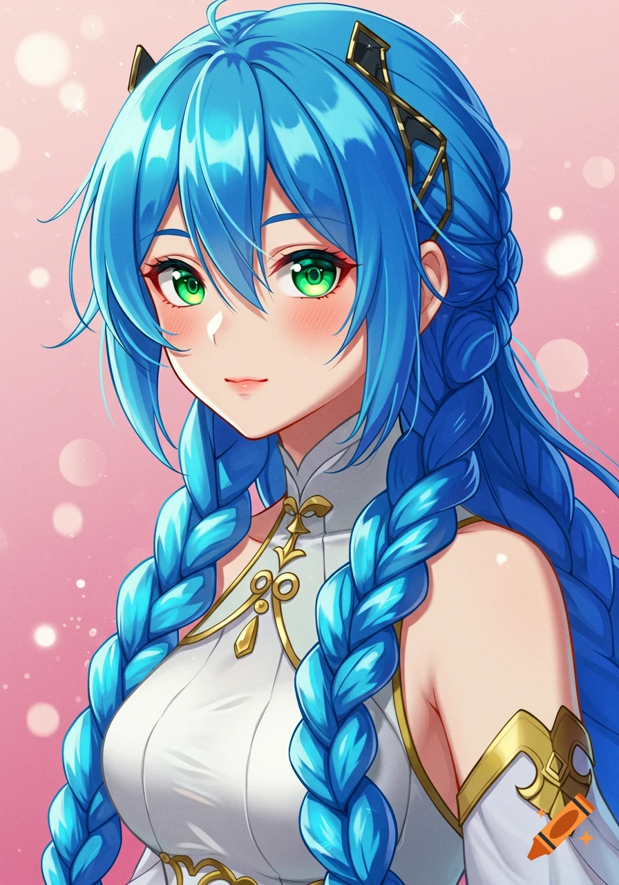 Anime girl with long blue hair, blue eyes, and pointed ears, standing ...