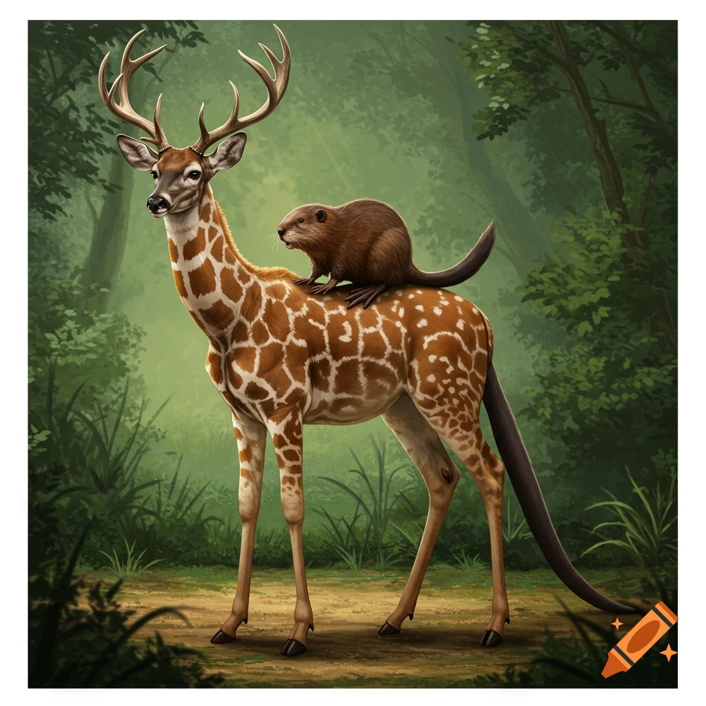 A creature that is a mix of a deer and a giraffe stands in a forest ...