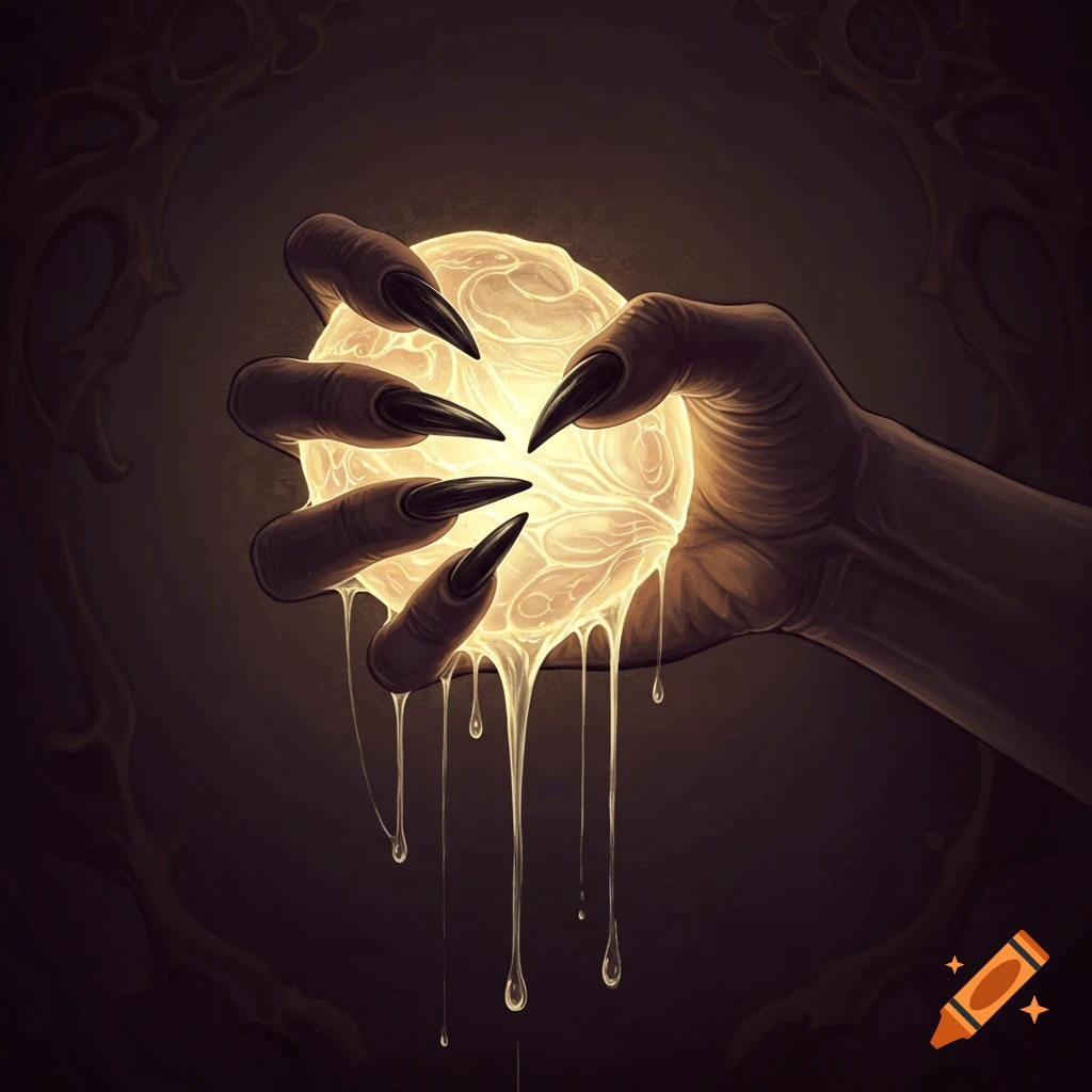 A clawed hand holds a glowing, dripping orb in a dark, stylized setting ...