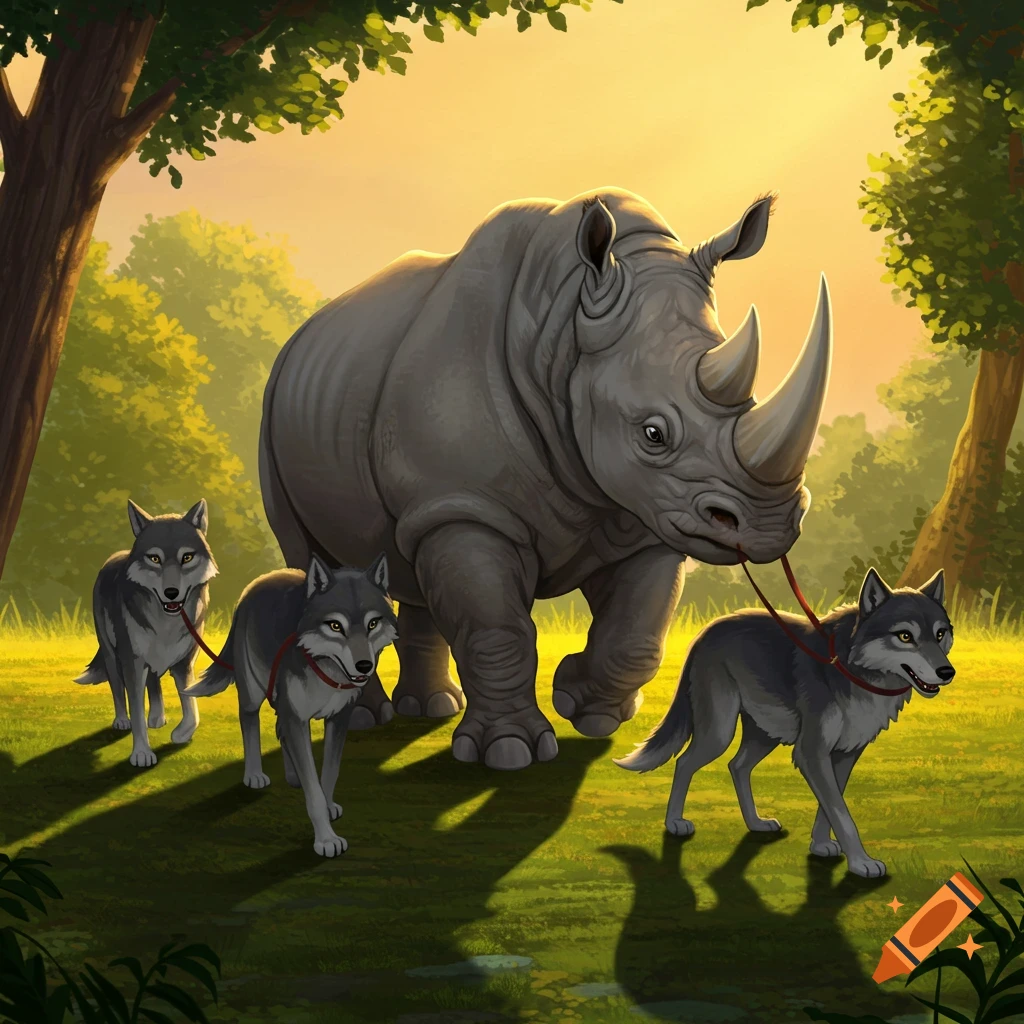 A large rhino walks on leashes held by three wolves in a sunny forest clearing. on Craiyon