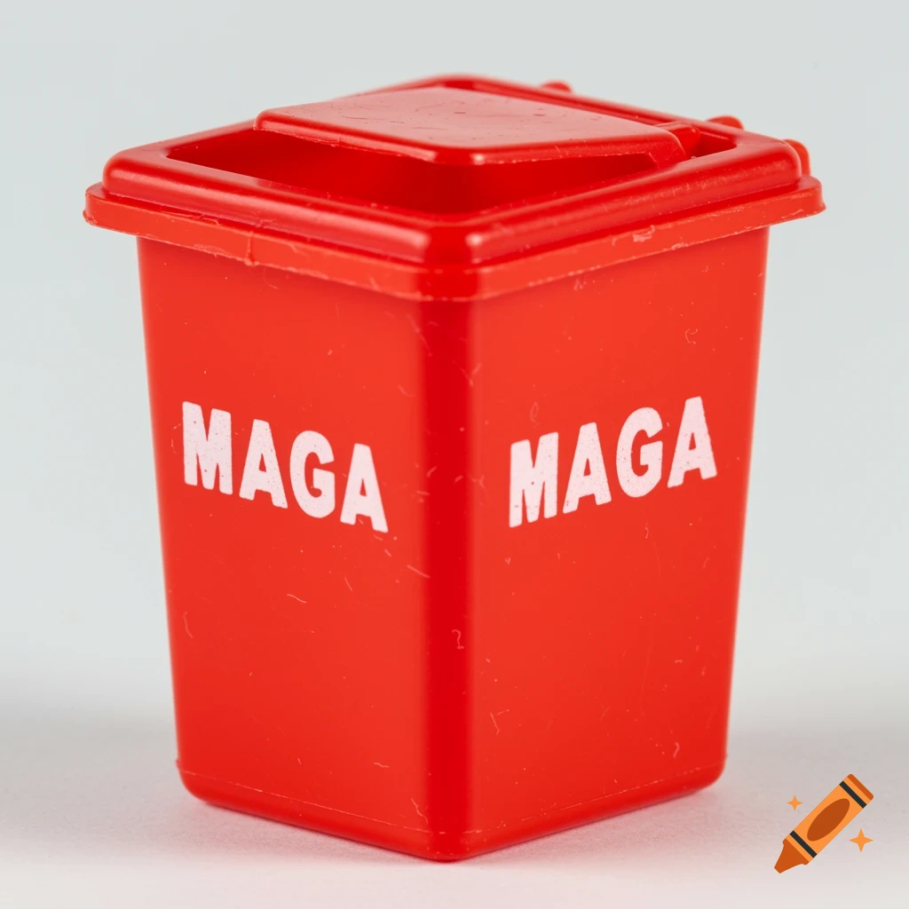 A red plastic trash can with 'MAGA' printed on its side. on Craiyon