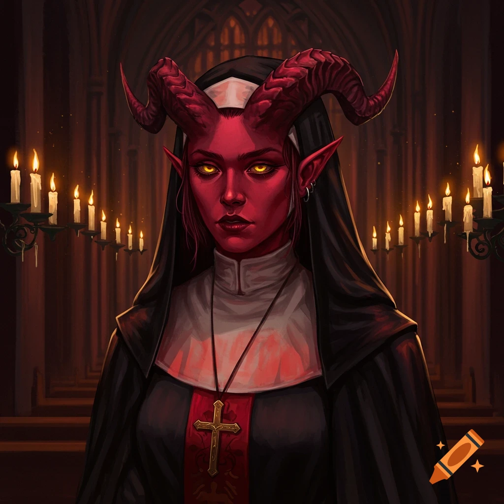 Tiefling with sawed off horns in a black and red nuns habit on Craiyon