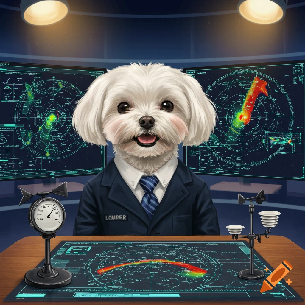 A Maltese dog wearing a suit and tie sits at a desk with glowing ...