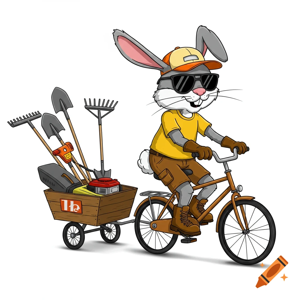 Cartoon rabbit riding bicycle pulling gardening tools on Craiyon
