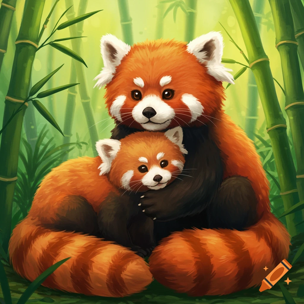 Two red pandas hugging in a bamboo forest illustration on Craiyon