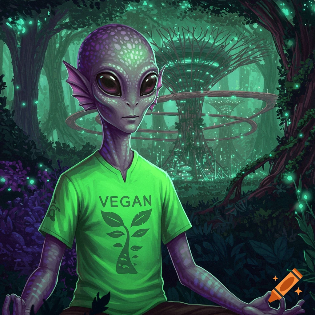 Alien meditating in nature with a solar punk city on Craiyon