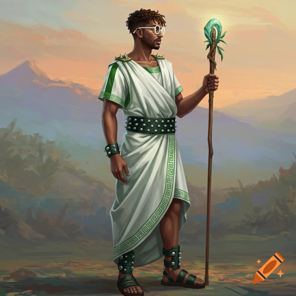 Man in white and green toga with glasses and sandals on Craiyon