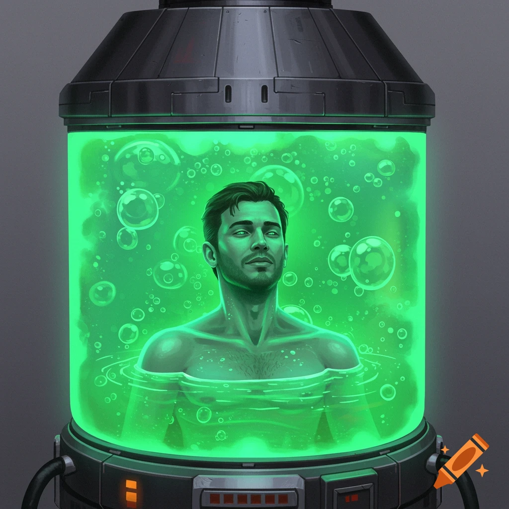 A man submerged in glowing green liquid inside a futuristic tank. on Craiyon