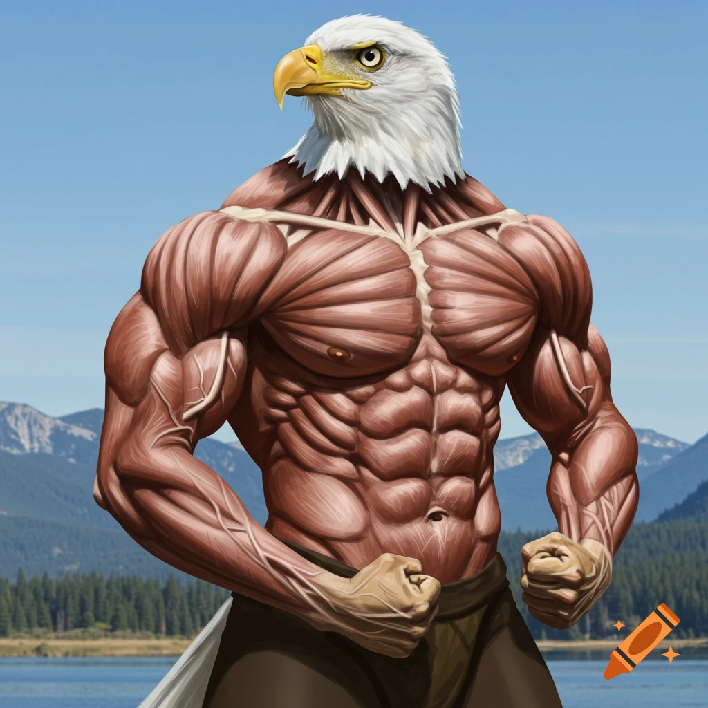 Illustrated muscular bald eagle with human body stands before a lake ...