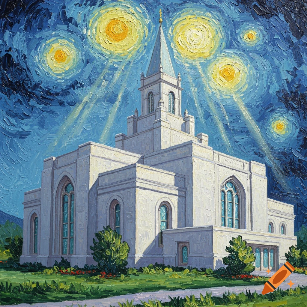 A temple under a starry sky, in the style of Van Gogh's The Starry Night. on Craiyon