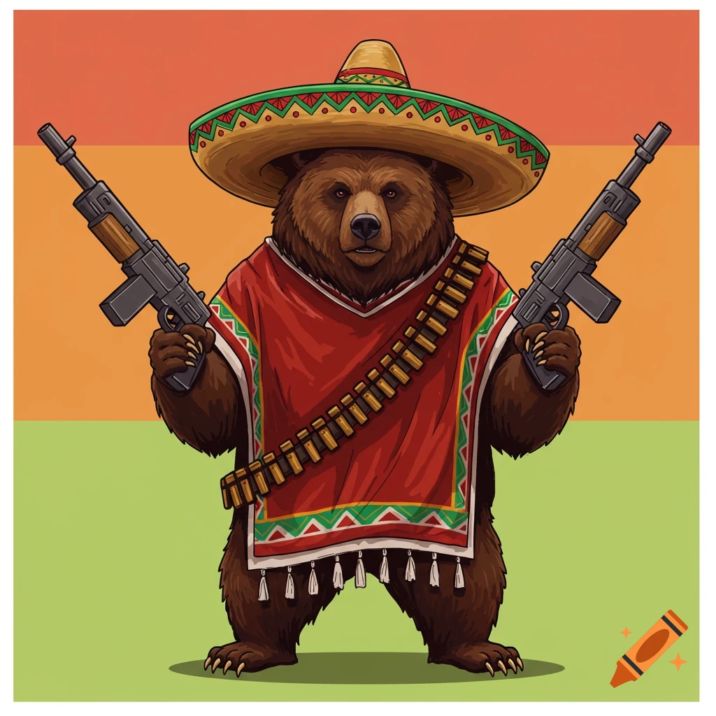 Cartoon illustration of a grizzly bear in a sombrero and poncho holding ...