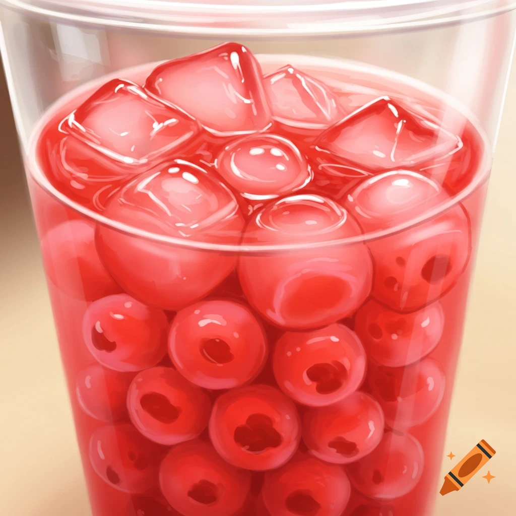Close-up of a glass filled with red liquid, ice, and red spheres like boba pearls or berries. on ...