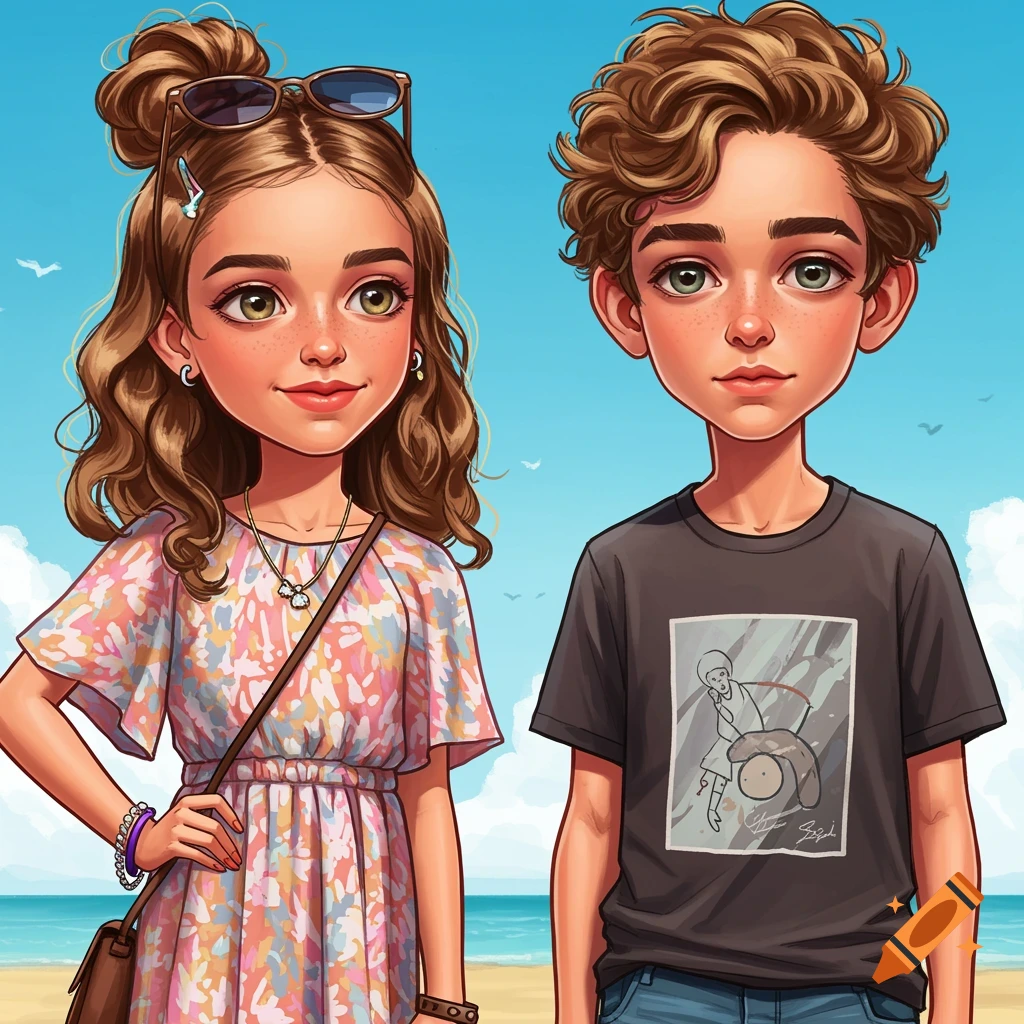 Illustration of a cartoon teenage girl and boy standing on a beach. on ...