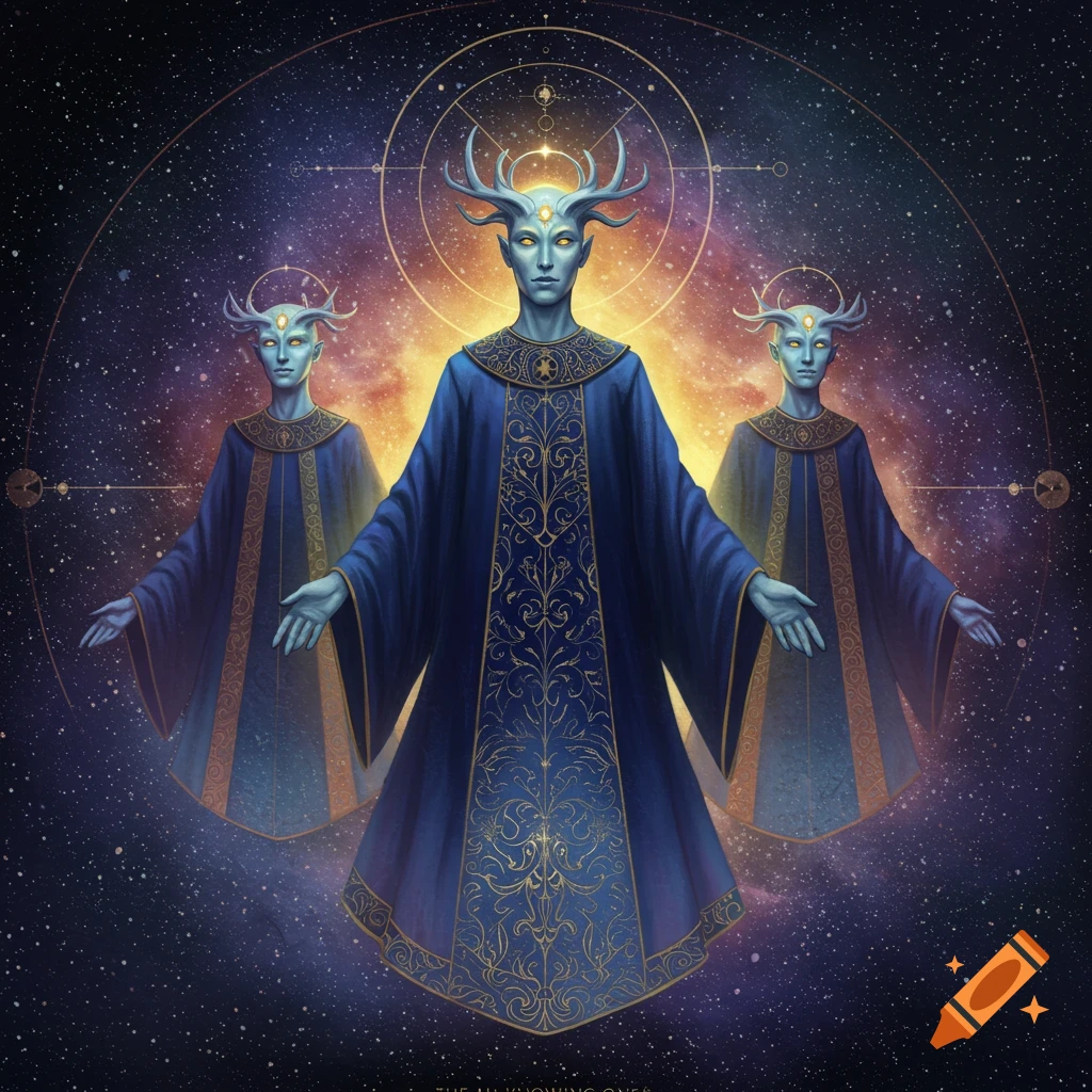 Three robed figures with antlers and glowing eyes stand in cosmic space ...