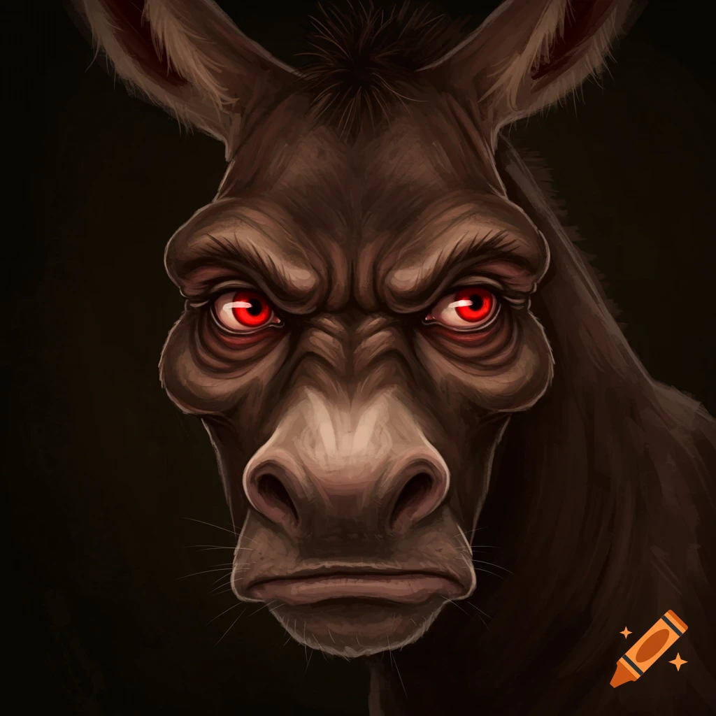 Close-up stylized portrait of an angry donkey face with red eyes. on ...