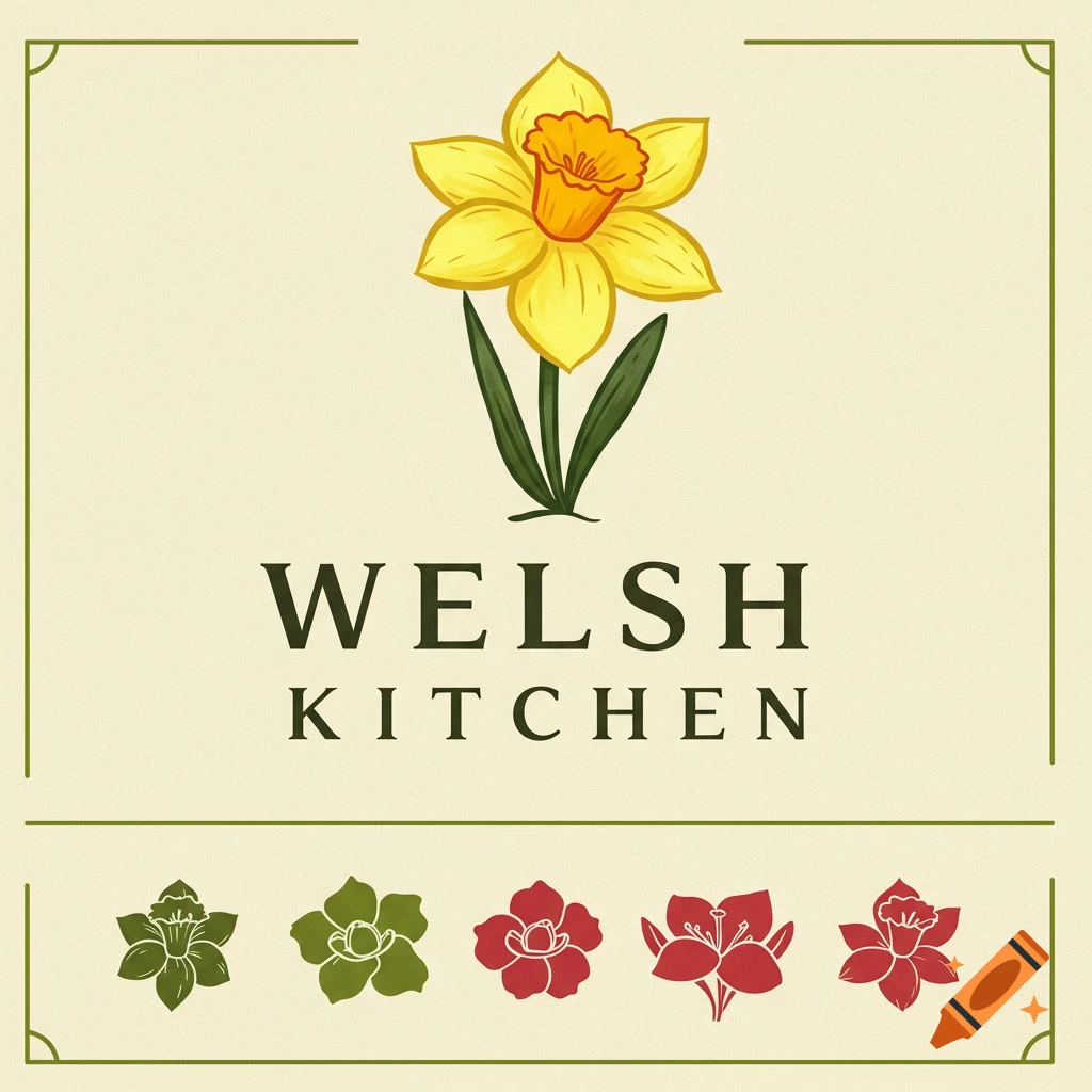Logo for Welsh Kitchen with a yellow daffodil. on Craiyon