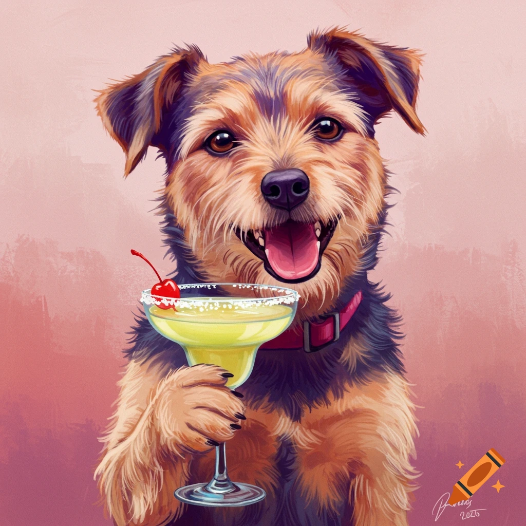 Illustration of a happy terrier dog holding a margarita with a cherry ...