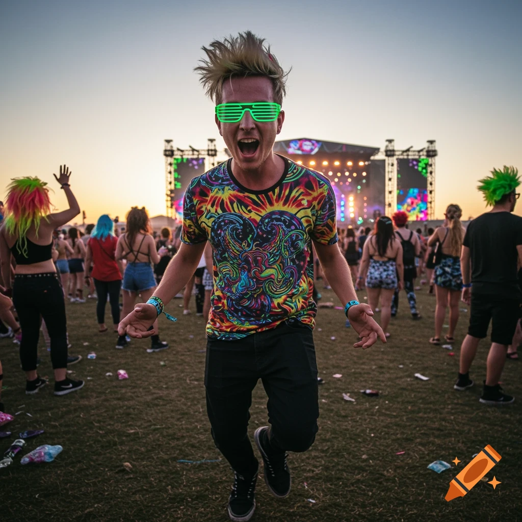 Woman and man DJing at a music festival with a cheering crowd on Craiyon