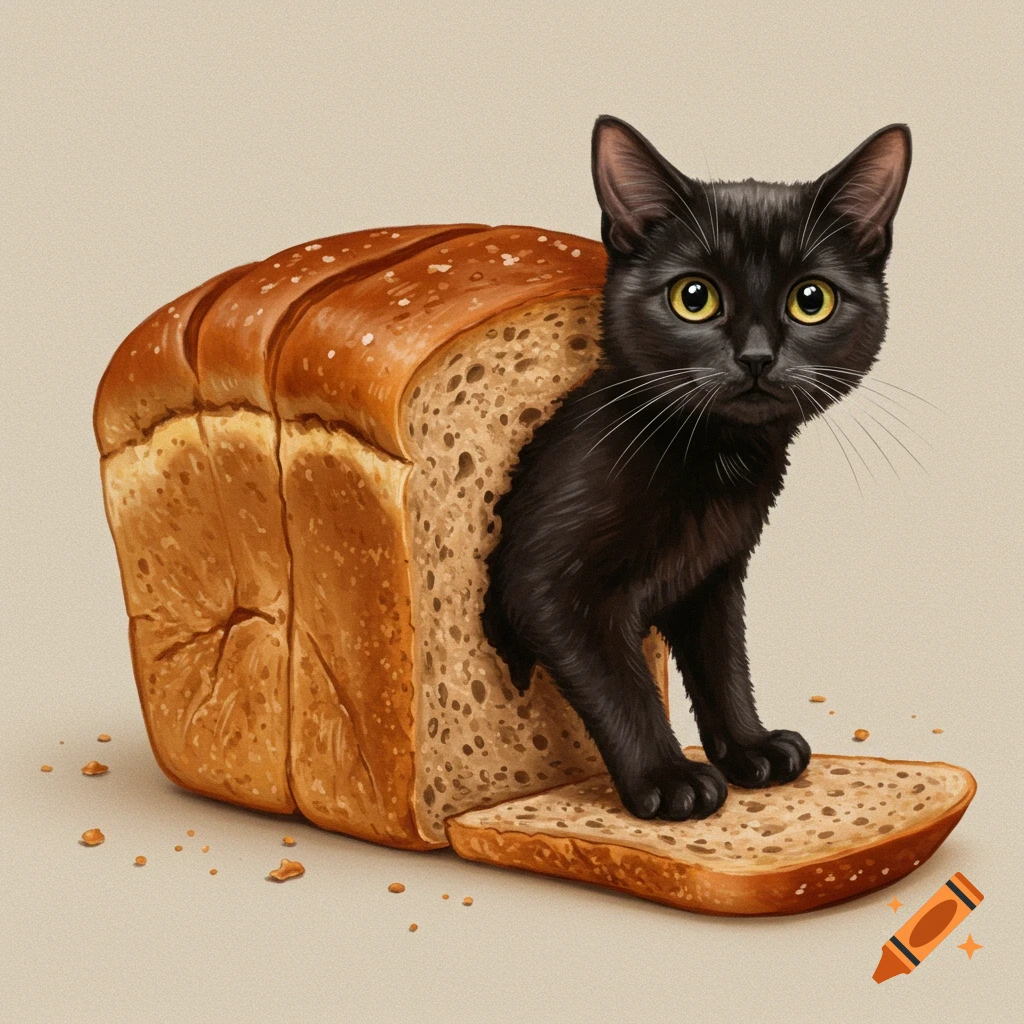 A black cat sitting inside a loaf of sliced bread. on Craiyon