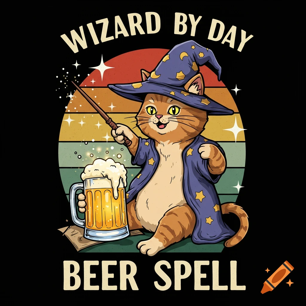 Cartoon wizard cat holding a beer and wand with text 'Wizard by Day ...