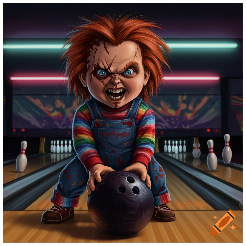 Cartoon illustration of Chucky doll sitting on a bowling ball in an ...