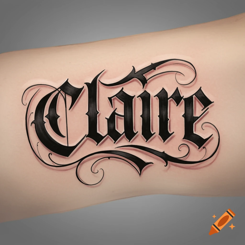 Realistic tattoo of the name Claire in Old English font on skin on Craiyon