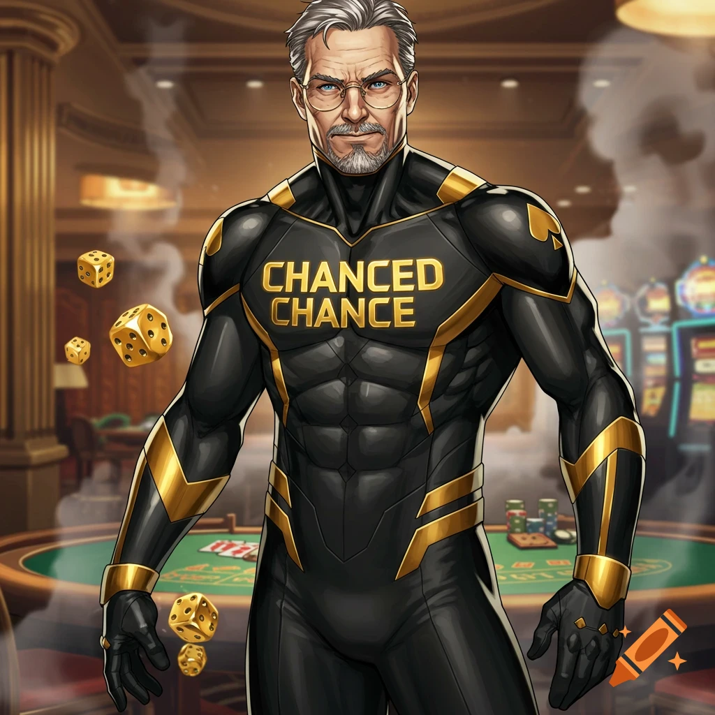 Chanced Chance, middle-aged superhero gambler with name on suit on Craiyon