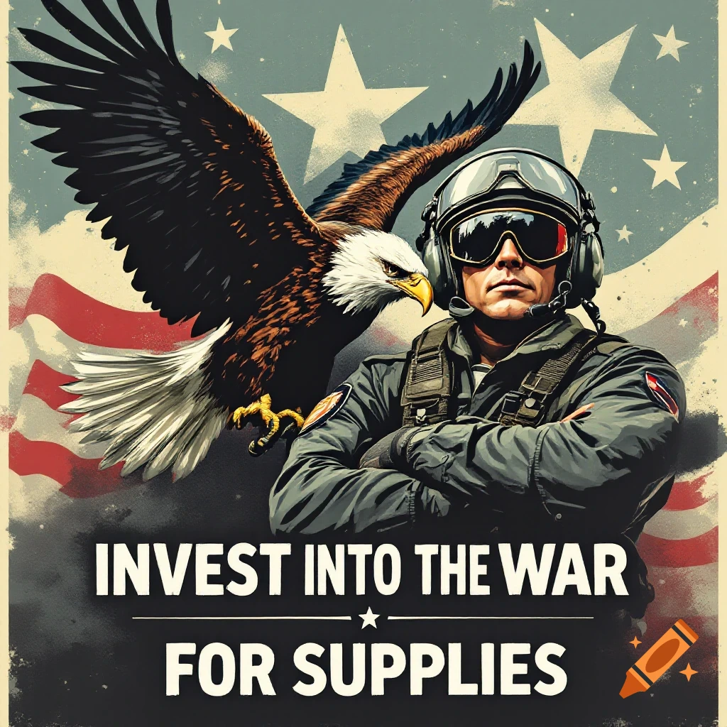 Propaganda poster with pilot, eagle, and flag saying 'Invest into the ...