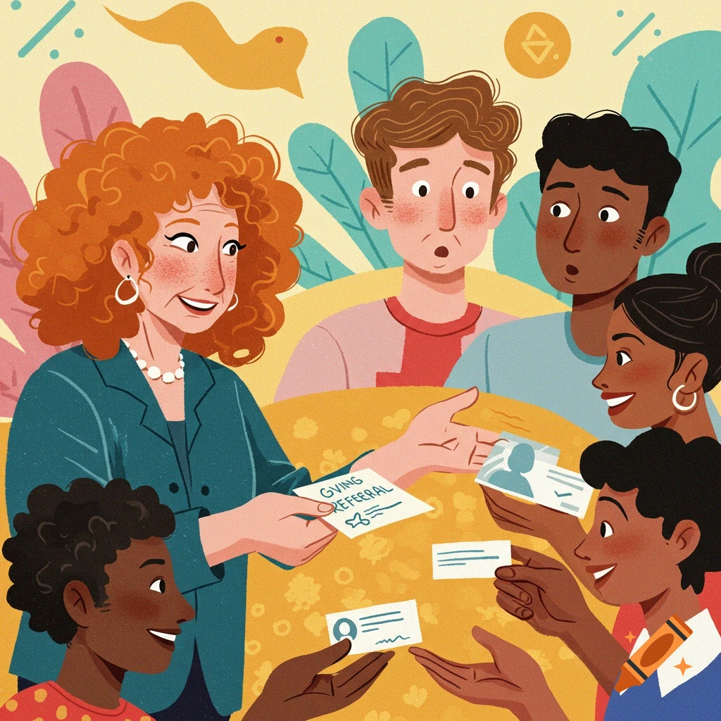Stylized illustration of diverse people exchanging cards, one reads ...