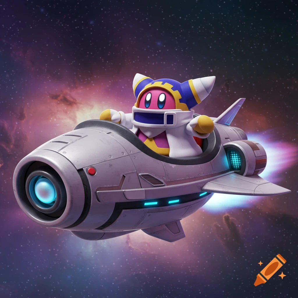 A cartoon character resembling Magolor rides a spaceship through space ...