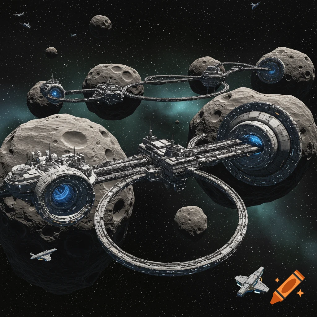 Asteroid starbase with metallic tunnels on Craiyon