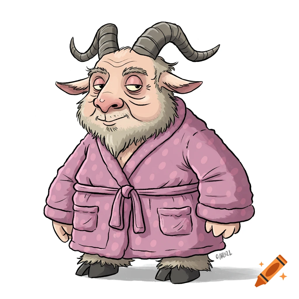 Cartoon of a half-goat, half-man hybrid in a bathrobe on Craiyon