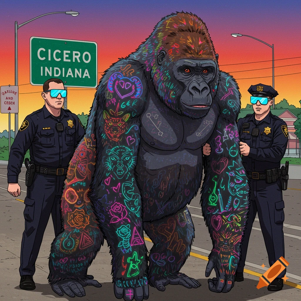 Tattooed gorilla arrested by police near Cicero Indiana sign on Craiyon