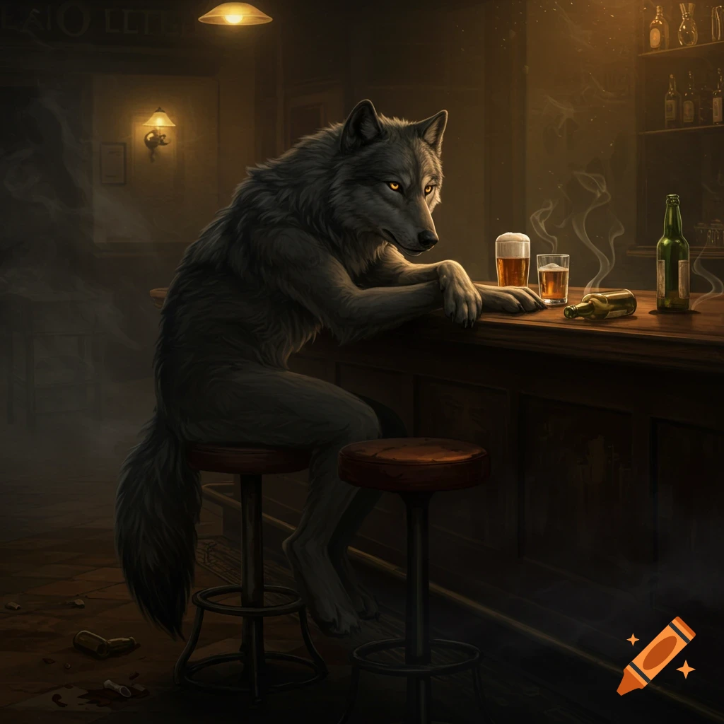 A gray wolf with glowing eyes sits at a dark bar with drinks, smoke ...