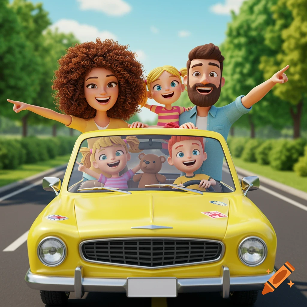 Happy animated family in car going to Walmart on Craiyon