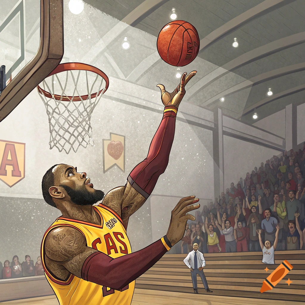 LeBron James throwing an apple into a basketball hoop on Craiyon