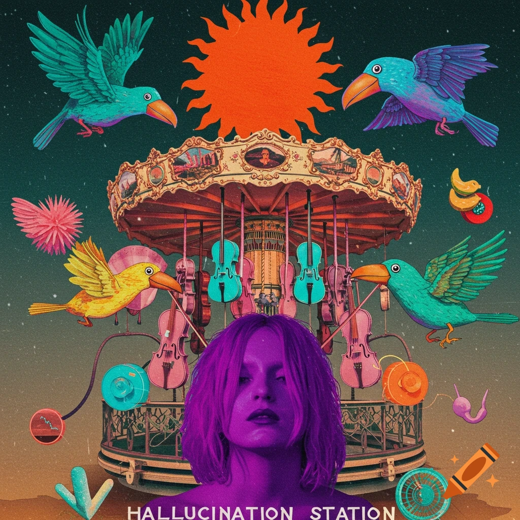 Surreal collage album cover with a person with purple hair, neon birds ...